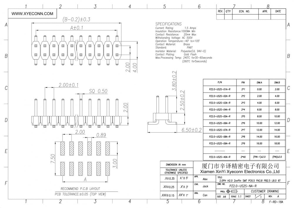 XYECONN PZ2.0-US2S-7A-R technical drawing