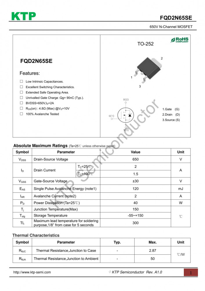 FQD2N65SE datasheet page 1