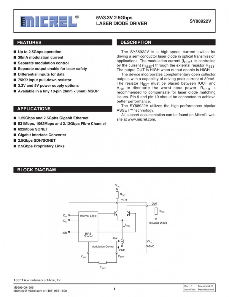 SY88922VKC-TR datasheet page 1