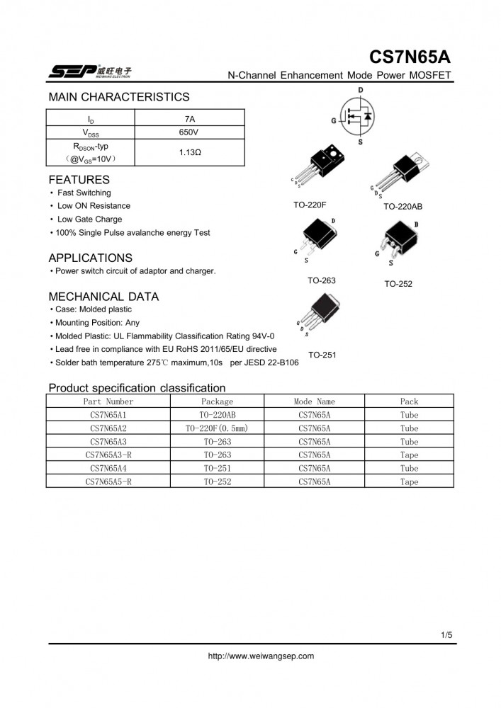CS7N65A5 datasheet page 1