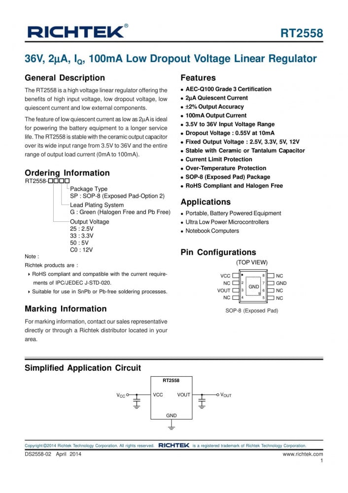 RT2558 datasheet page 1