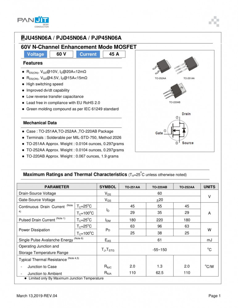PANJIT PJP45N06A datasheet page 1