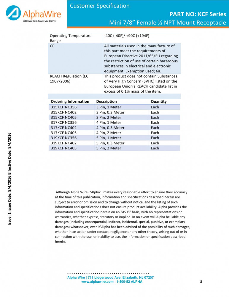 Alpha Wire 317KCF NC405 technical drawing page 2