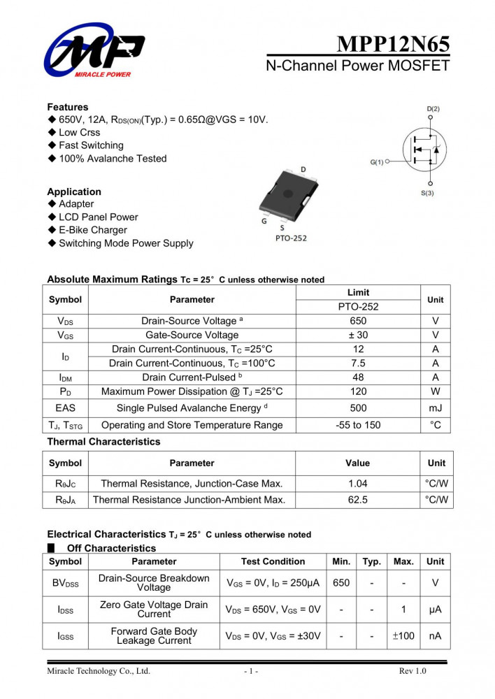 MPP12N65 datasheet page 1