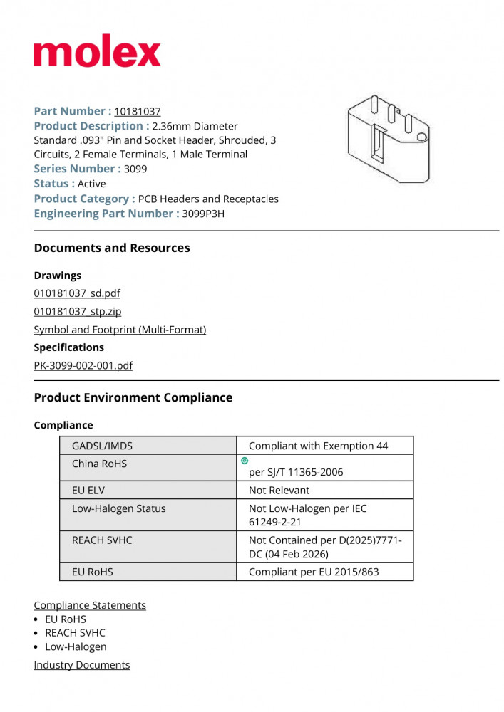 MOLEX 10181037 technical drawing page 1