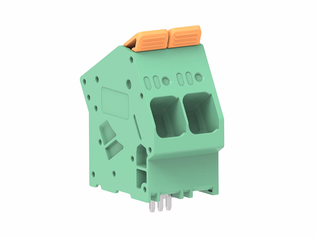 10.00mm Pitch Lever Activated Fixed Mount PCB Terminal Block, 35° Wire Entry, Left Front Terminal, 2 Circuits for sale