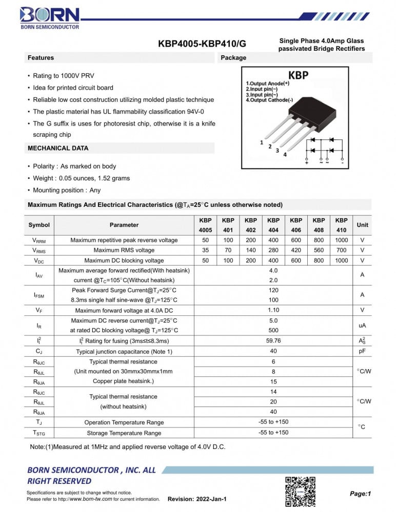 BORN KBP410 datasheet page 1