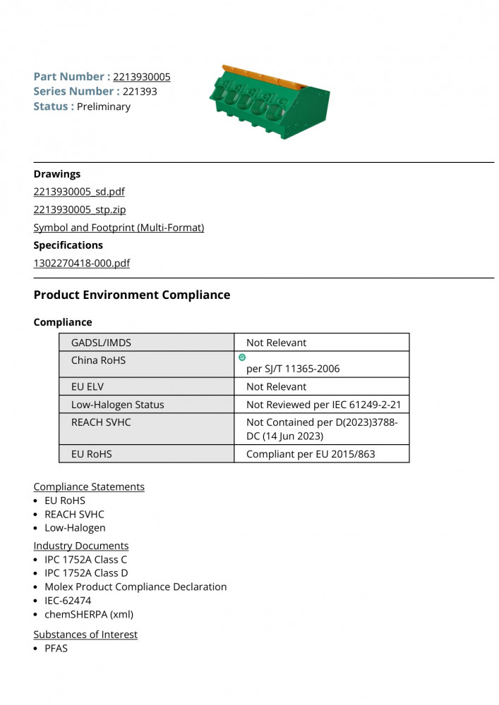 MOLEX 2213930005 technical document preview, page 1