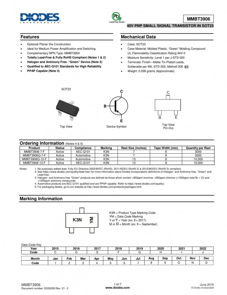 MMBT3906-7-F datasheet page 1