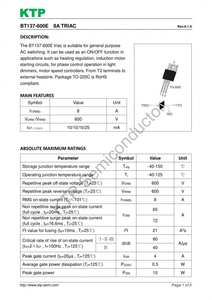 BT137-600E datasheet page 1