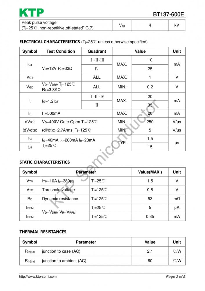 BT137-600E datasheet page 2