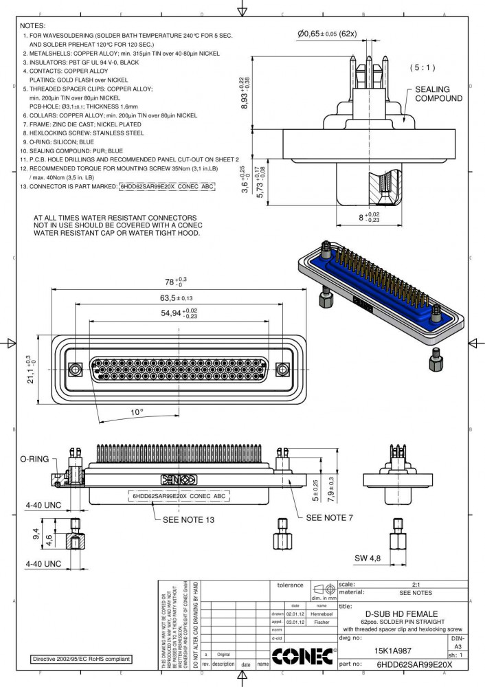 Conec 6HDD62SAR99E20X product drawing, sheet 1