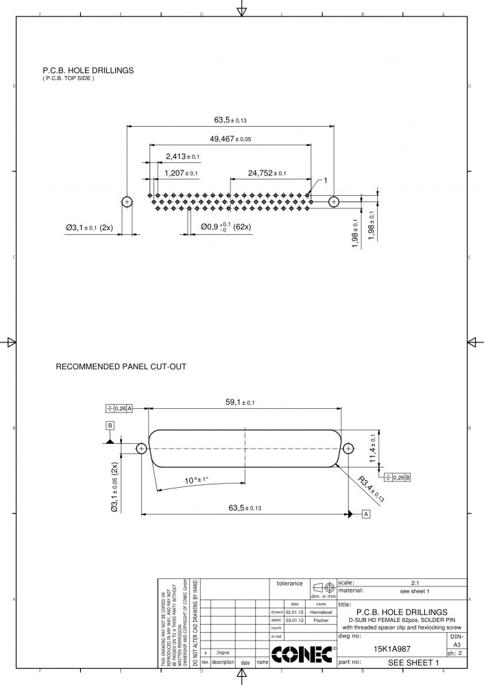 Conec 6HDD62SAR99E20X PCB drilling and panel cut-out drawing, sheet 2