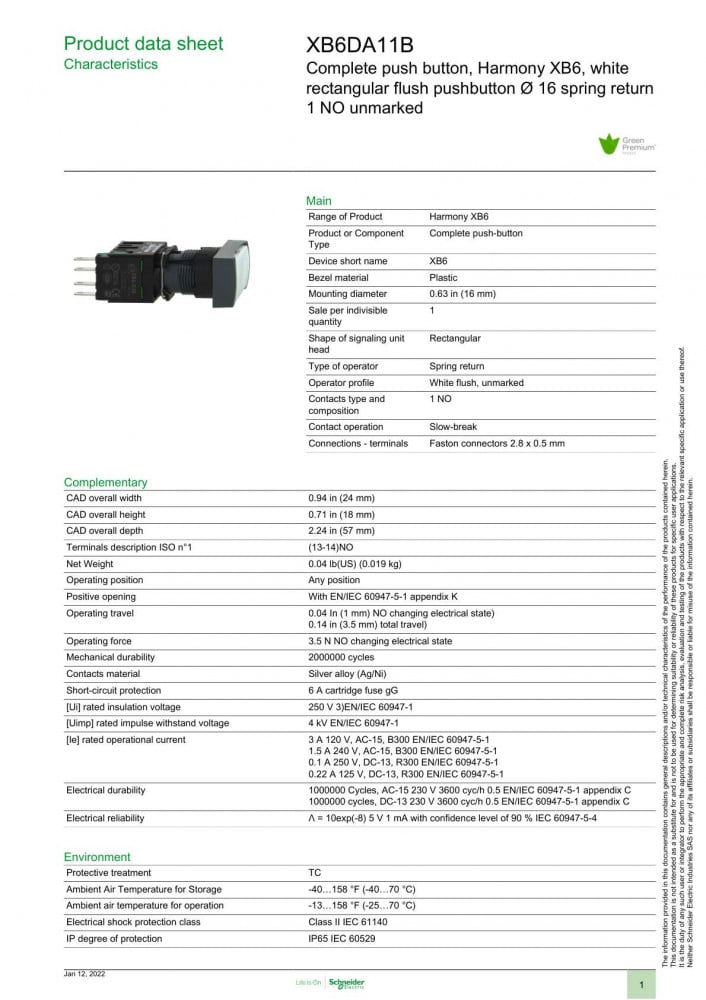 XB6DA11B technical document page 1
