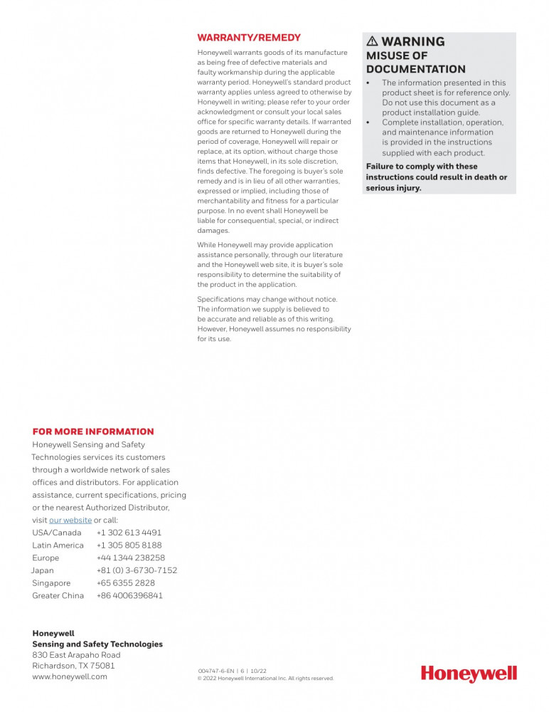 Honeywell FFS Series documentation page 6