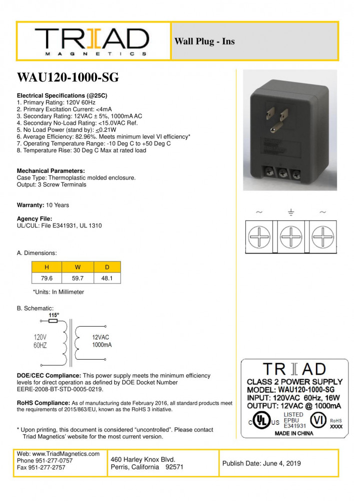 WAU120-1000-SG product specification document
