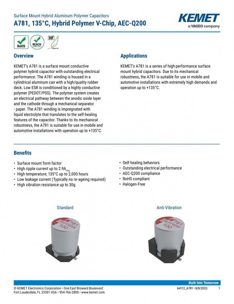 KEMET A781 datasheet page 1