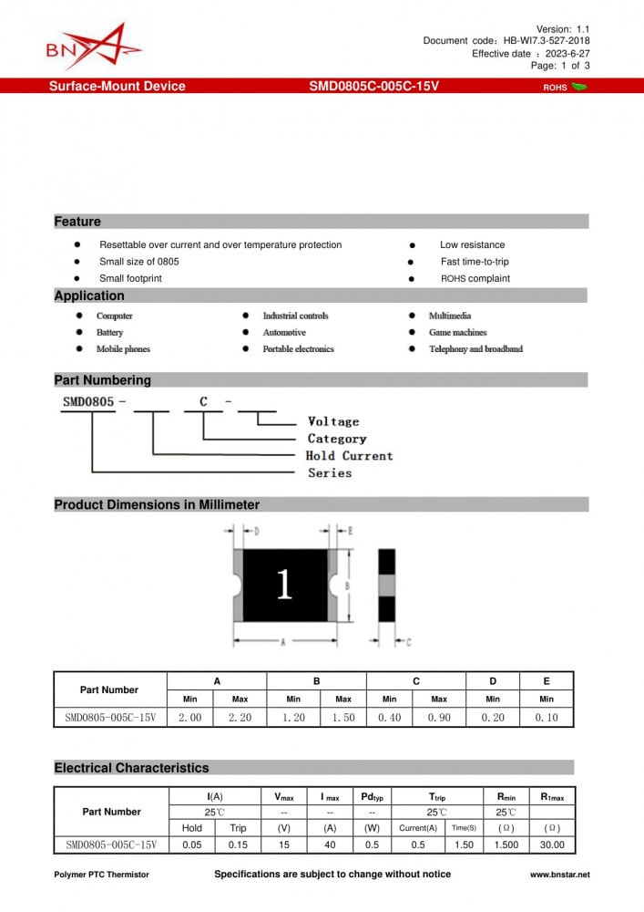 BNstar SMD0805-005C-15V datasheet page 1