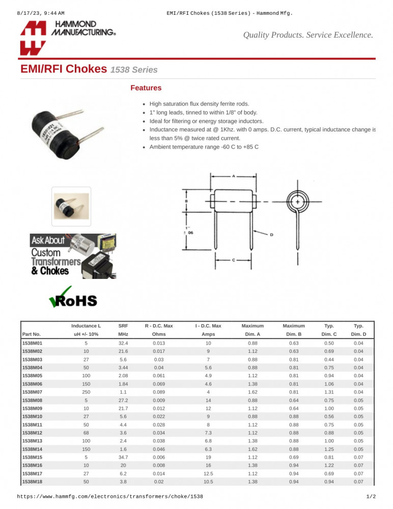 Hammond 1538 Series technical document page 1