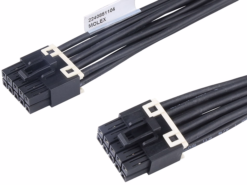 Mini-Fit Max-to-Pigtail Off-the-Shelf (OTS) Cable Assembly, Dual Row, Matte Tin (Sn) Plating, 10 Circuits, 600.00mm Length, Black