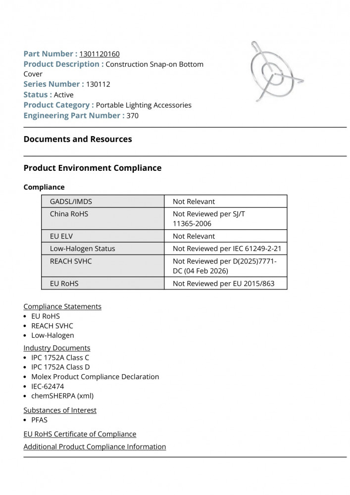Technical document image 1 for MOLEX 1301120160