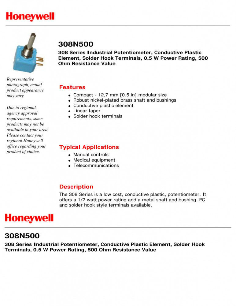 Honeywell 308N500 document page 1