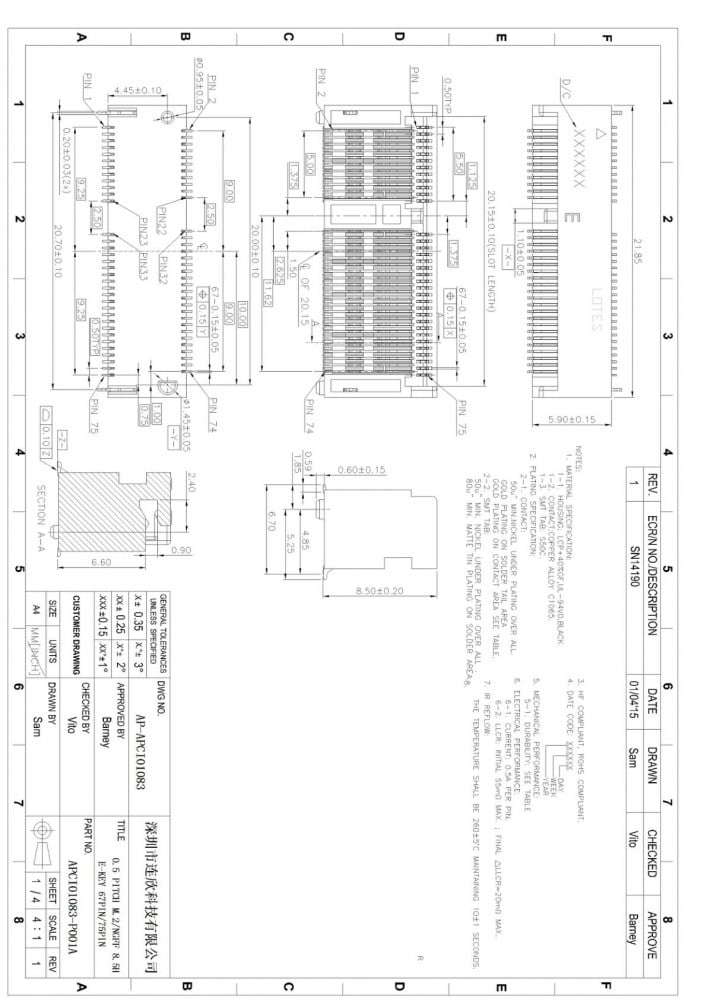 APCI01083-P001A technical drawing page 1