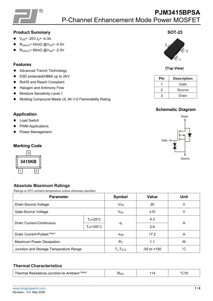 PJM3415BPSA datasheet preview, page 1