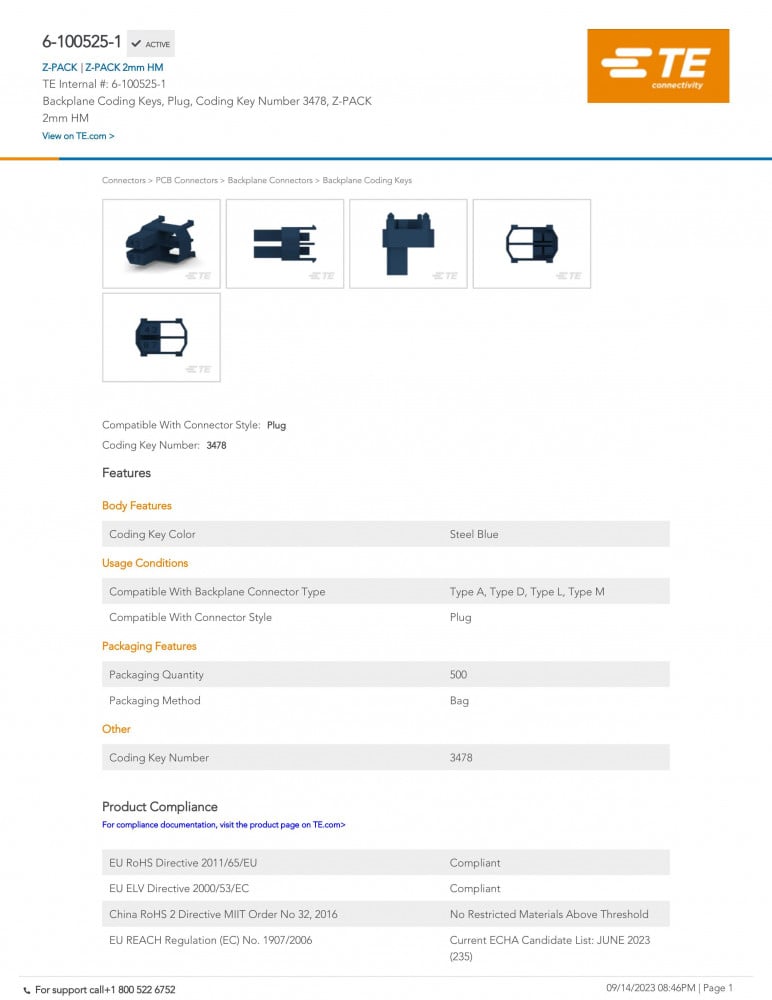 TE Connectivity 6-100525-1 technical document page 1
