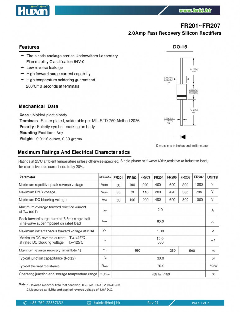 Huixin FR207 datasheet page 1