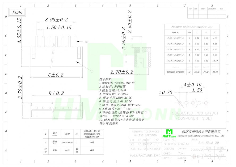 HMTCONN W1501110-3PW2113 technical drawing and PCB layout