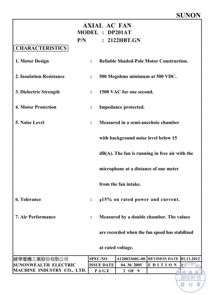 SUNON DP201AT specification page 2