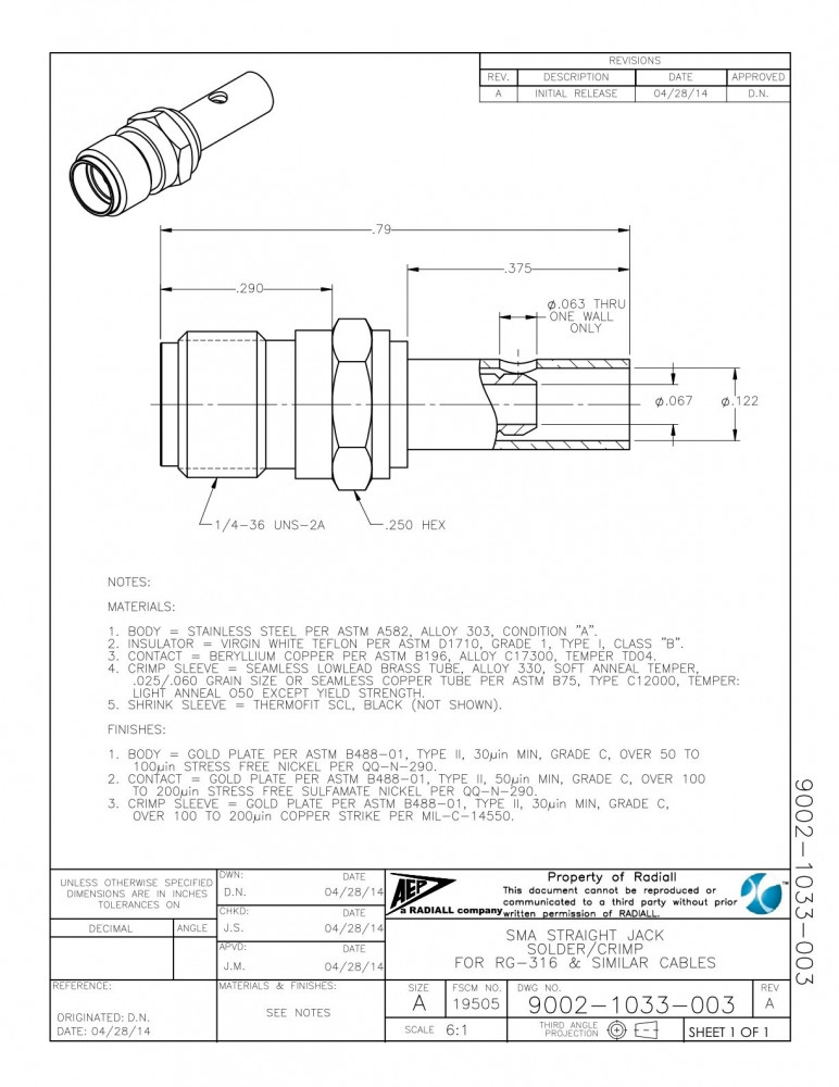 Radiall drawing 9002-1033-003, SMA straight jack for RG-316 and similar cables