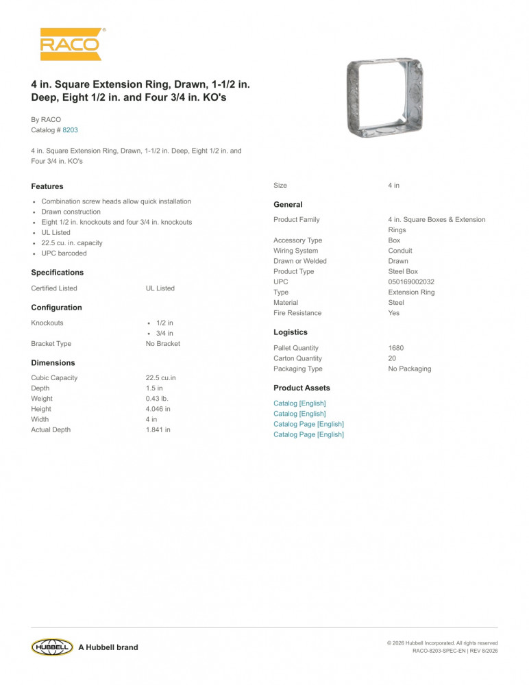 Product documentation image for RACO catalog 8203