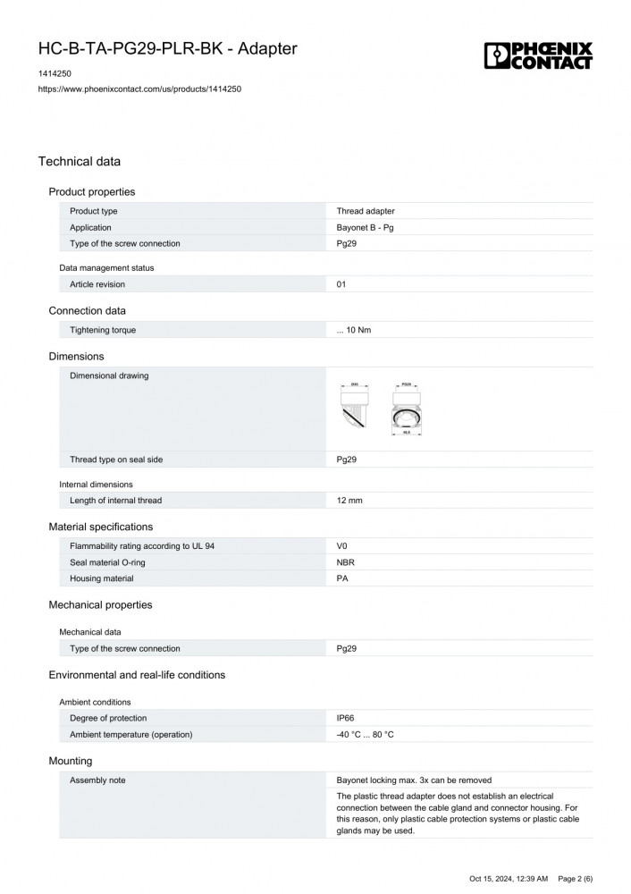 Phoenix Contact 1414250 technical data
