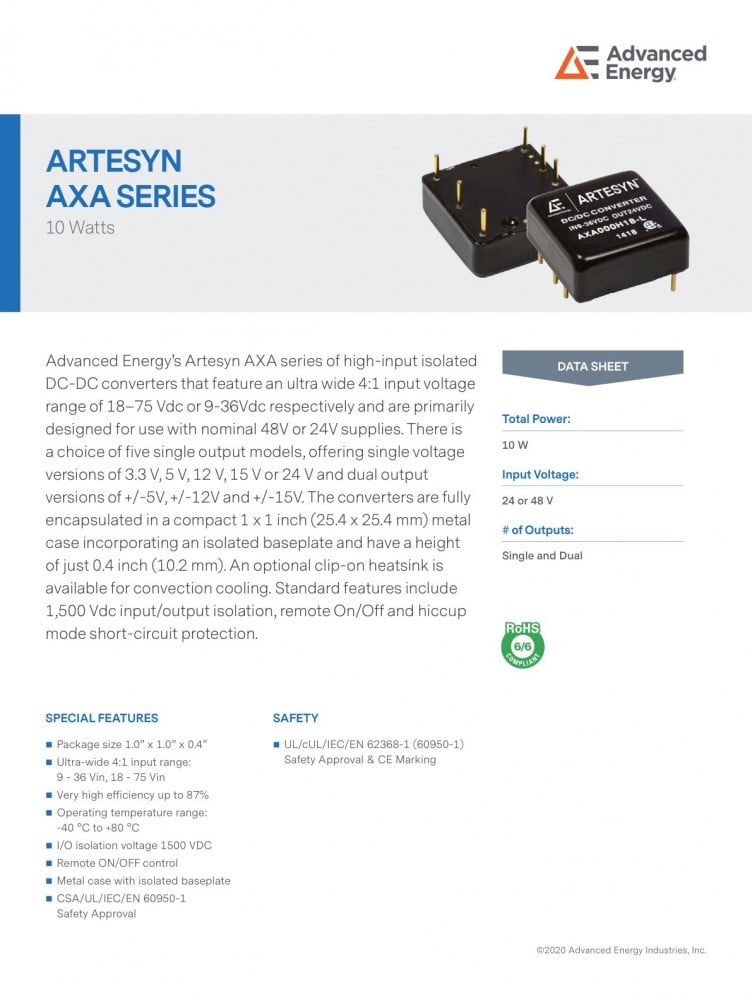 Artesyn AXA series datasheet page 1