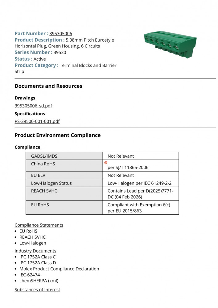 MOLEX 395305006 document preview, page 1