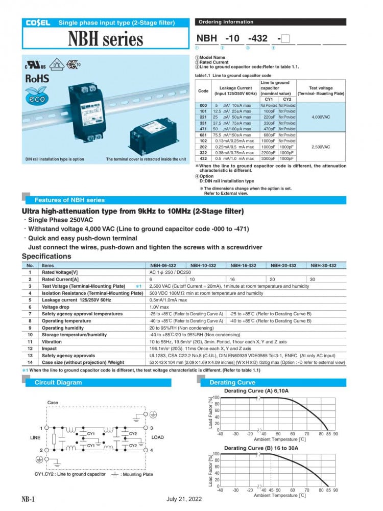 COSEL NBH series technical document page 1