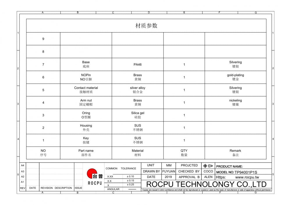 TP94001P1S material table page 3