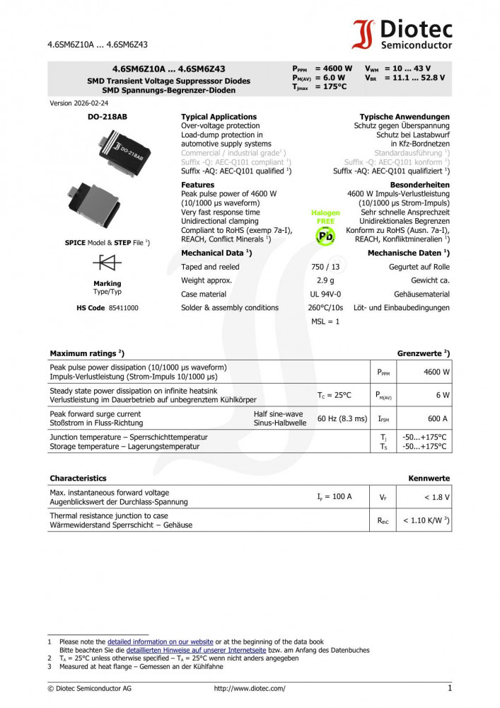 DIOTEC 4.6SM6Z30A-AQ technical document page 1