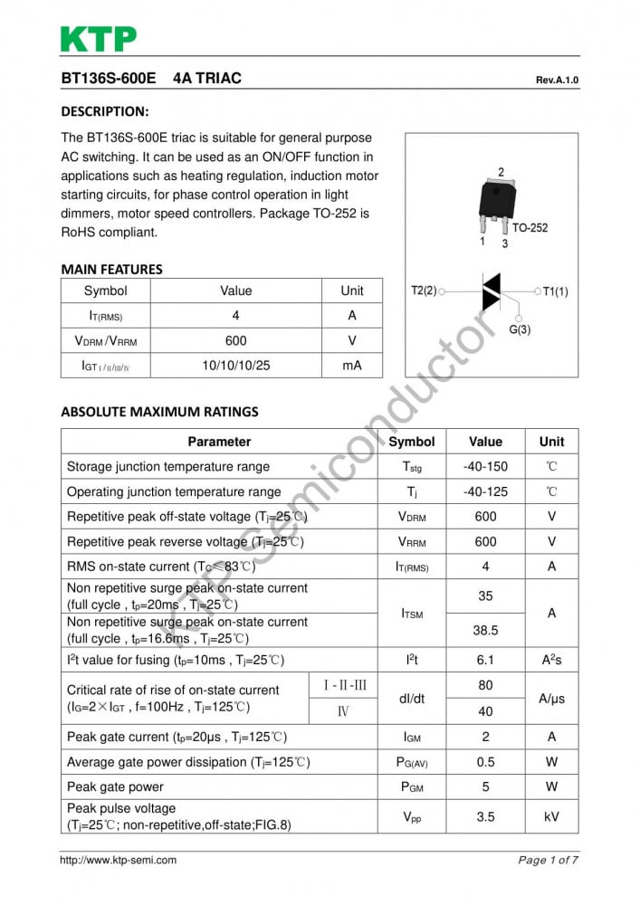 BT136S-600E datasheet page 1
