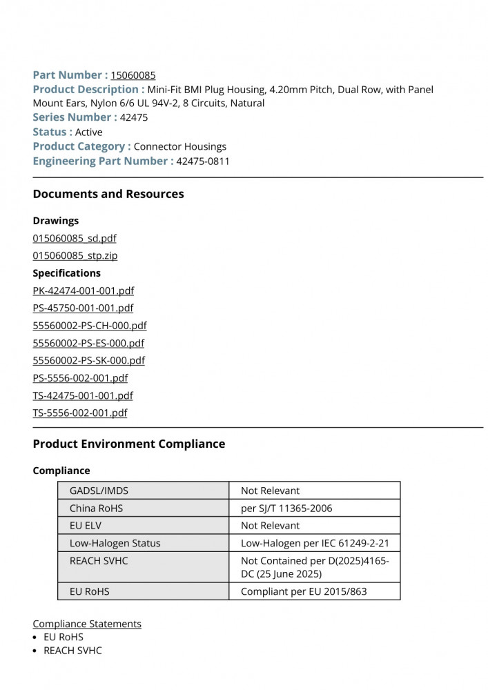 Mini-Fit Plus HCS specification page image 1