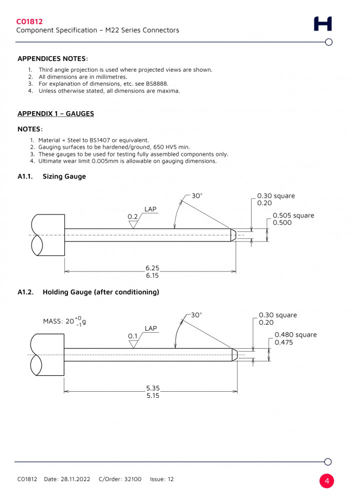 Harwin M22 Series holding gauge drawing