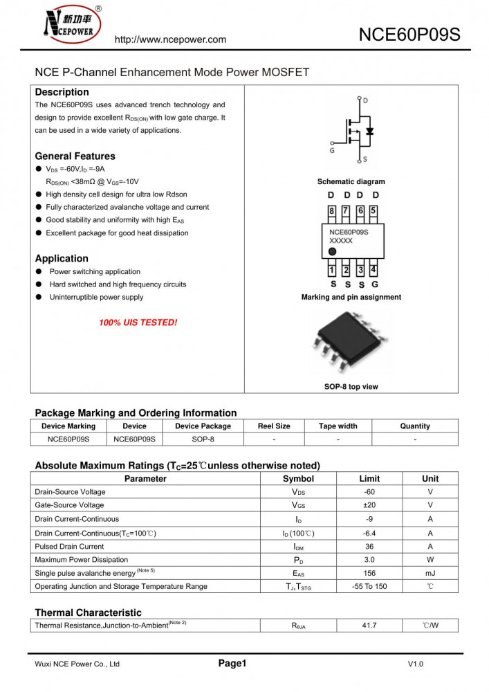NCE60P09S datasheet page 1