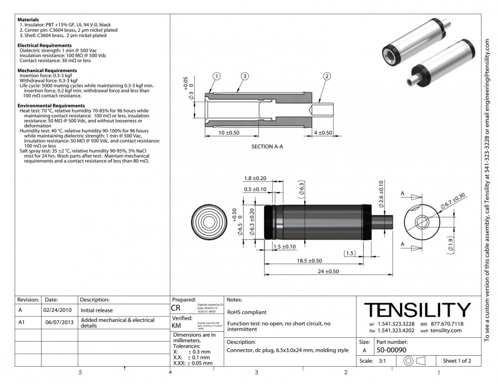 Tensility 50-00090 product drawing, page 1