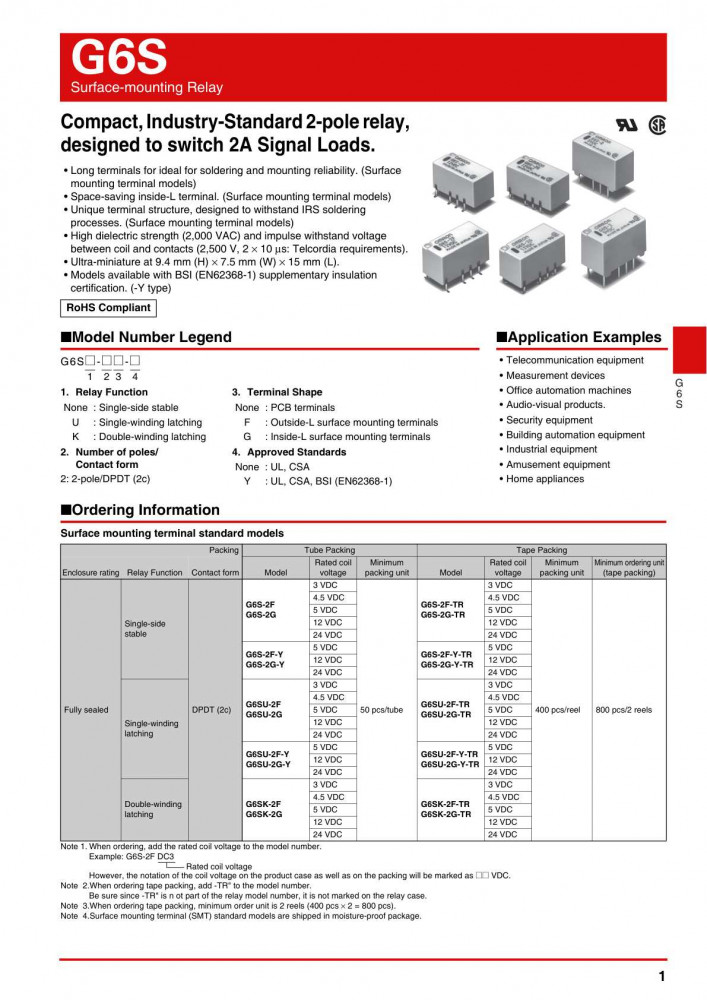 OMRON G6S relay documentation page 1