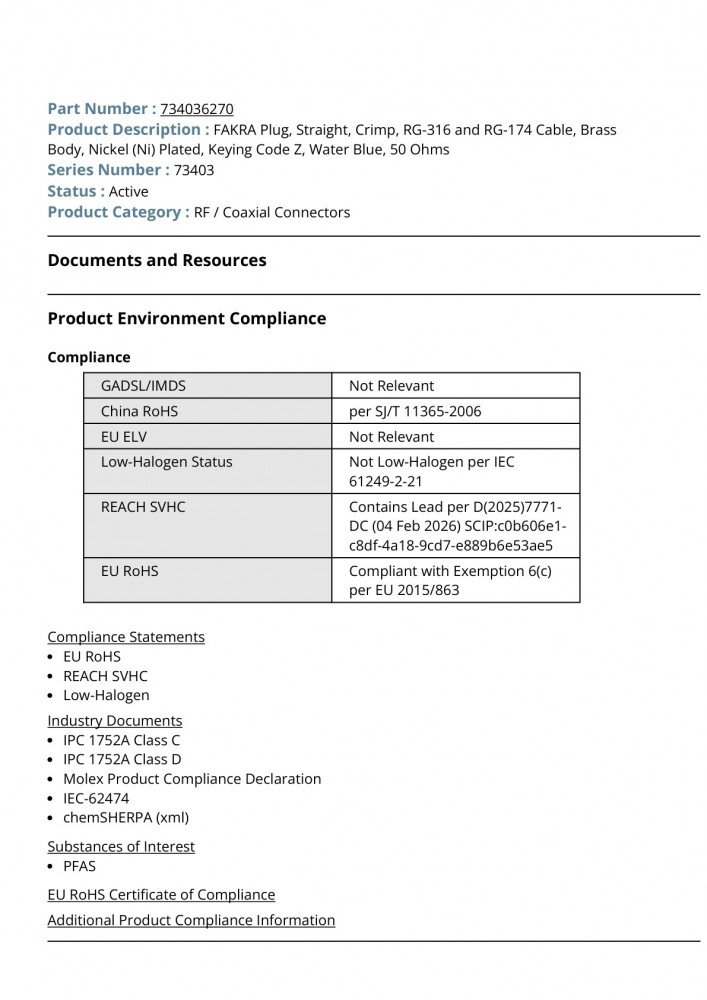 MOLEX 734036270 technical document page 1