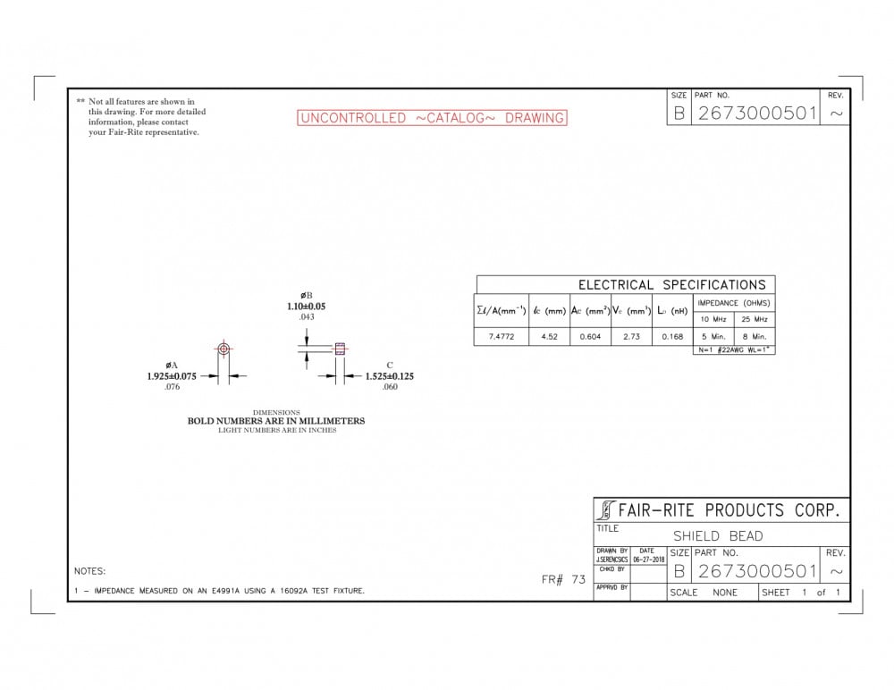 Fair-Rite 2673000501 electrical specification document