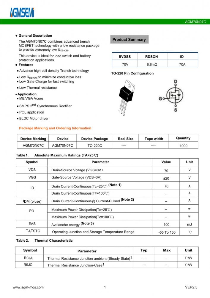 AGM70N07C datasheet page 1