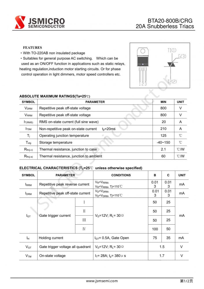 BTA24-800CRG technical document page 1